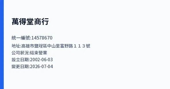 萬得堂商行的照片-統編 14578670(高雄市) 公司登記資料與營業項目詳細圖表