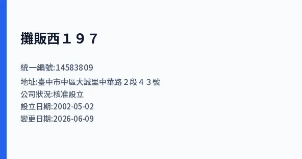 攤販西197的照片-統編 14583809(臺中市) 公司登記資料與營業項目詳細圖表