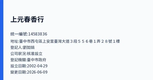 上元春香行的照片-統編 14583836(臺中市) 公司登記資料與營業項目詳細圖表