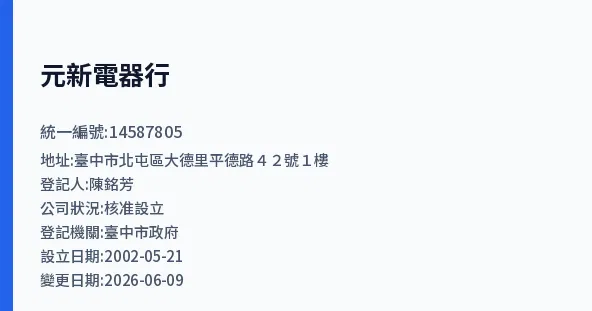 元新電器行的照片-統編 14587805(臺中市) 公司登記資料與營業項目詳細圖表