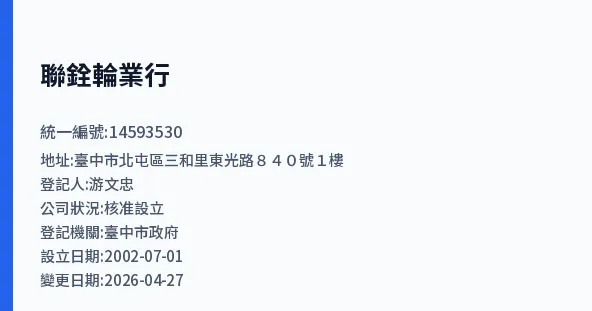 聯銓輪業行的照片-統編 14593530(臺中市) 公司登記資料與營業項目詳細圖表