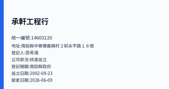 承軒工程行的照片-統編 14603220(南投縣) 公司登記資料與營業項目詳細圖表