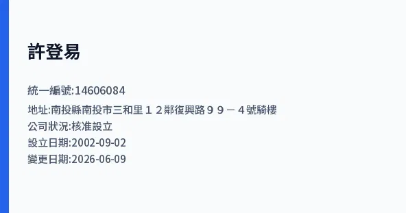許登易的照片-統編 14606084(南投縣) 公司登記資料與營業項目詳細圖表
