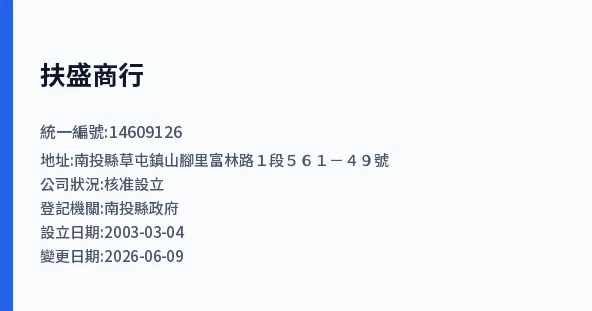 扶盛商行的照片-統編 14609126(南投縣) 公司登記資料與營業項目詳細圖表