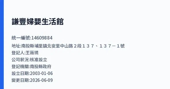 謙豐婦嬰生活館的照片-統編 14609884(南投縣) 公司登記資料與營業項目詳細圖表