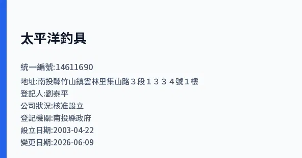 太平洋釣具的照片-統編 14611690(南投縣) 公司登記資料與營業項目詳細圖表