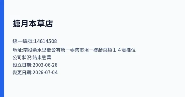 搪月本草店的照片-統編 14614508(南投縣) 公司登記資料與營業項目詳細圖表