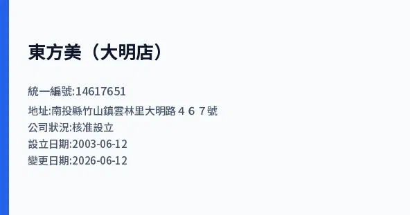 東方美(大明店)的照片-統編 14617651(南投縣) 公司登記資料與營業項目詳細圖表