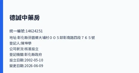 德誠中藥房的照片-統編 14624251(彰化縣) 公司登記資料與營業項目詳細圖表