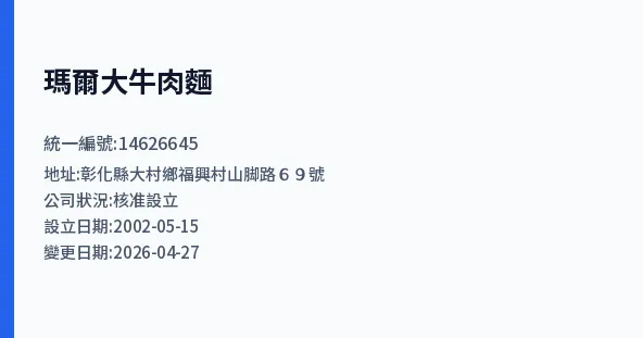 瑪爾大牛肉麵的照片-統編 14626645(彰化縣) 公司登記資料與營業項目詳細圖表