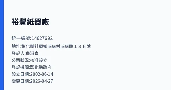裕豐紙器廠的照片-統編 14627692(彰化縣) 公司登記資料與營業項目詳細圖表