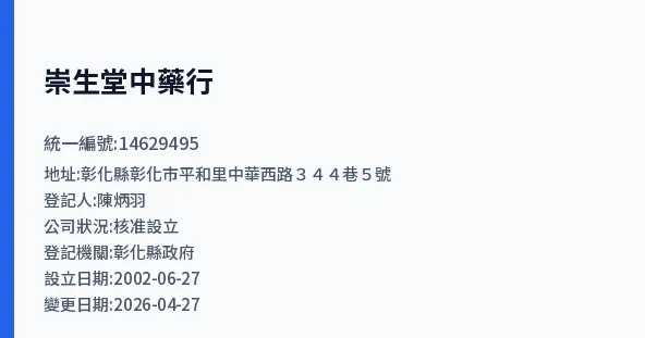 崇生堂中藥行的照片-統編 14629495(彰化縣) 公司登記資料與營業項目詳細圖表