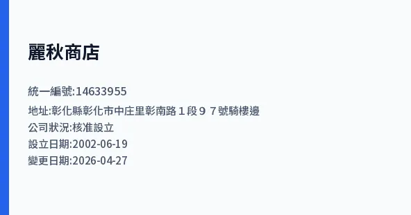 麗秋商店的照片-統編 14633955(彰化縣) 公司登記資料與營業項目詳細圖表