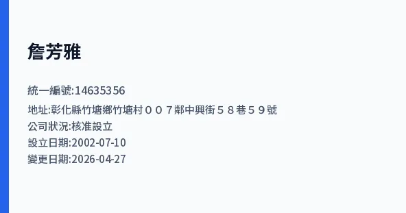 詹芳雅的照片-統編 14635356(彰化縣) 公司登記資料與營業項目詳細圖表