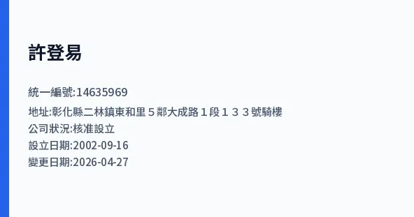 許登易的照片-統編 14635969(彰化縣) 公司登記資料與營業項目詳細圖表