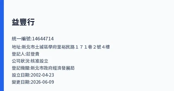 益豐行的照片-統編 14644714(新北市) 公司登記資料與營業項目詳細圖表