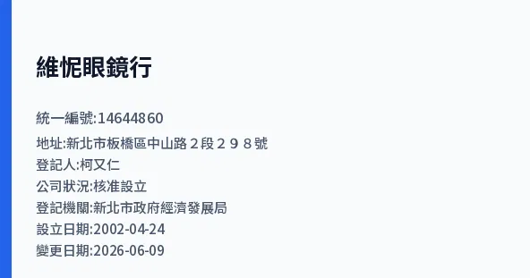 維怩眼鏡行的照片-統編 14644860(新北市) 公司登記資料與營業項目詳細圖表