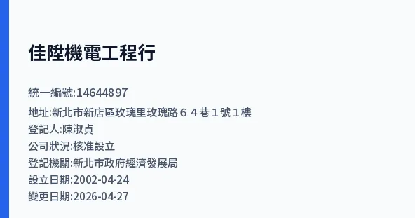 佳陞機電工程行的照片-統編 14644897(新北市) 公司登記資料與營業項目詳細圖表