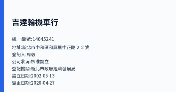 吉達輪機車行的照片-統編 14645241(新北市) 公司登記資料與營業項目詳細圖表