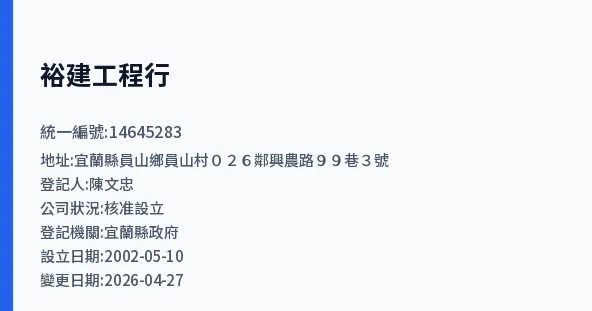 裕建工程行的照片-統編 14645283(宜蘭縣) 公司登記資料與營業項目詳細圖表