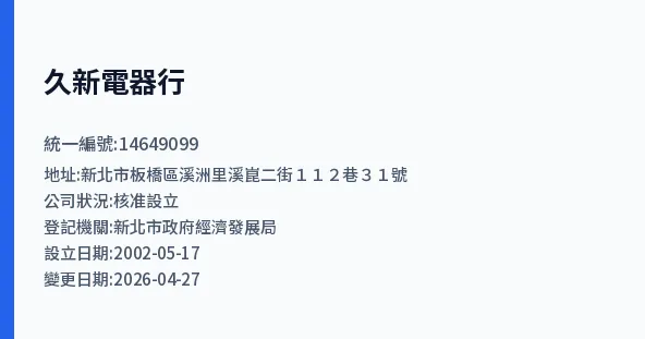久新電器行的照片-統編 14649099(新北市) 公司登記資料與營業項目詳細圖表