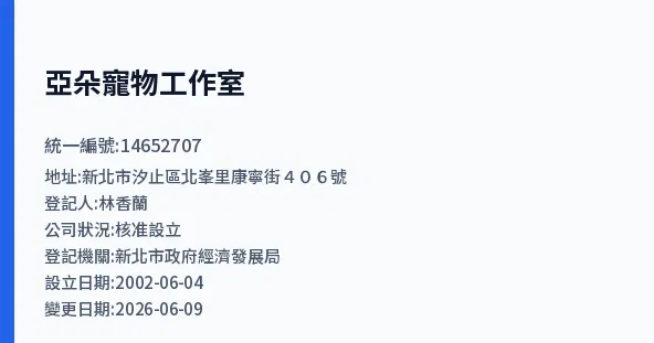 亞朵寵物工作室的照片-統編 14652707(新北市) 公司登記資料與營業項目詳細圖表