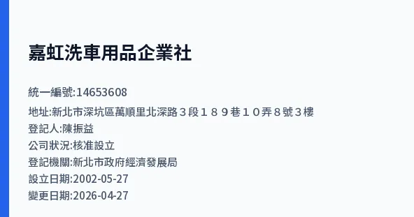 嘉虹洗車用品企業社的照片-統編 14653608(新北市) 公司登記資料與營業項目詳細圖表