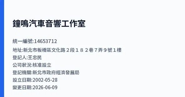鐘鳴汽車音響工作室的照片-統編 14653712(新北市) 公司登記資料與營業項目詳細圖表