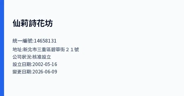 仙莉詩花坊的照片-統編 14658131(新北市) 公司登記資料與營業項目詳細圖表