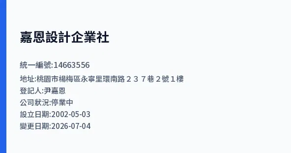 嘉恩設計企業社的照片-統編 14663556(桃園市) 公司登記資料與營業項目詳細圖表