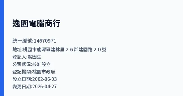 逸園電腦商行的照片-統編 14670971(桃園市) 公司登記資料與營業項目詳細圖表
