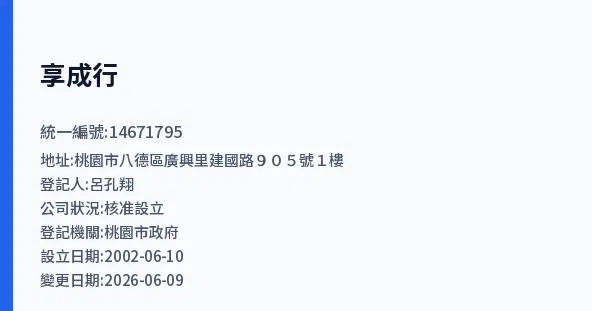 享成行的照片-統編 14671795(桃園市) 公司登記資料與營業項目詳細圖表