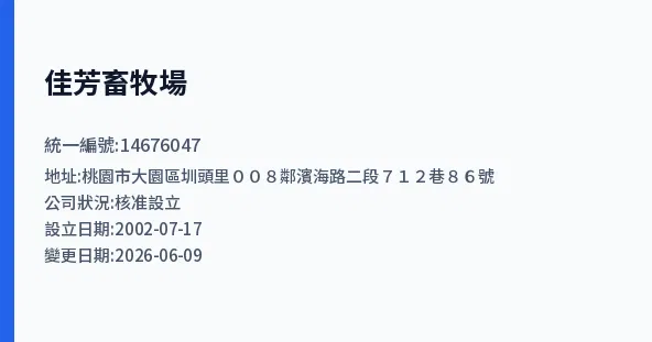 佳芳畜牧場的照片-統編 14676047(桃園市) 公司登記資料與營業項目詳細圖表