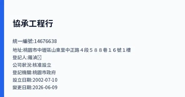協承工程行的照片-統編 14676638(桃園市) 公司登記資料與營業項目詳細圖表