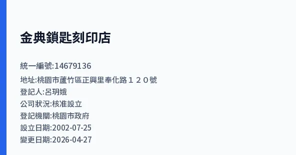 金典鎖匙刻印店的照片-統編 14679136(桃園市) 公司登記資料與營業項目詳細圖表