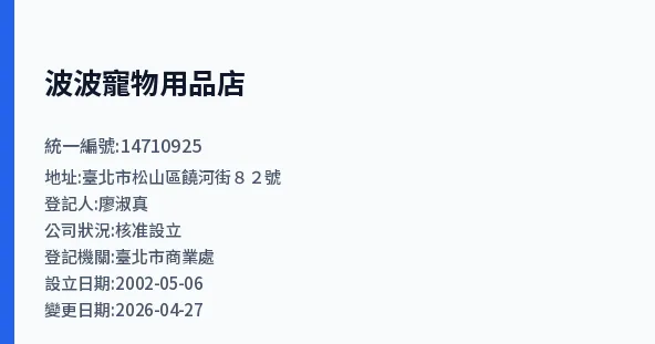 波波寵物用品店的照片-統編 14710925(臺北市) 公司登記資料與營業項目詳細圖表