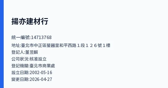 揚亦建材行的照片-統編 14713768(臺北市) 公司登記資料與營業項目詳細圖表