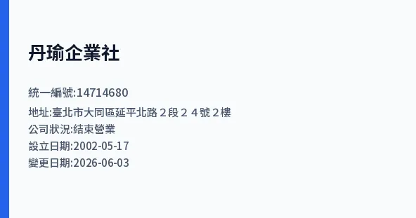 丹瑜企業社的照片-統編 14714680(臺北市) 公司登記資料與營業項目詳細圖表