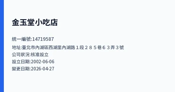 金玉堂小吃店的照片-統編 14719587(臺北市) 公司登記資料與營業項目詳細圖表