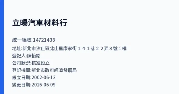 立暘汽車材料行的照片-統編 14721438(新北市) 公司登記資料與營業項目詳細圖表