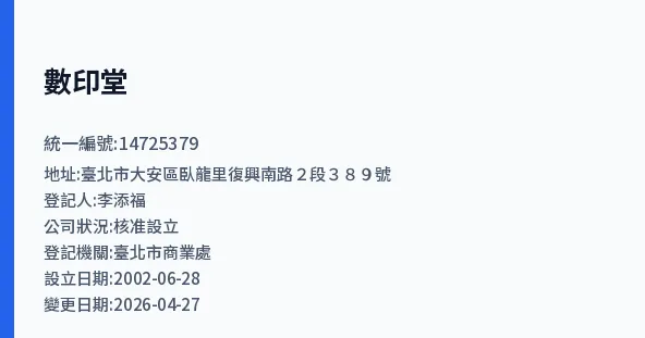 數印堂的照片-統編 14725379(臺北市) 公司登記資料與營業項目詳細圖表