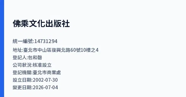 佛乘文化出版社的照片-統編 14731294(臺北市) 公司登記資料與營業項目詳細圖表