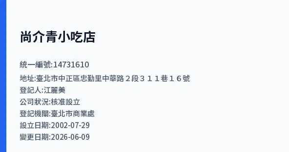 尚介青小吃店的照片-統編 14731610(臺北市) 公司登記資料與營業項目詳細圖表