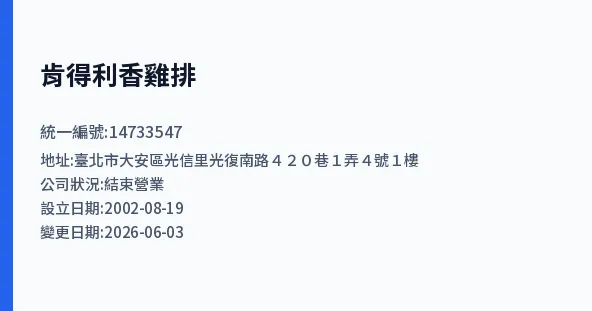 肯得利香雞排的照片-統編 14733547(臺北市) 公司登記資料與營業項目詳細圖表