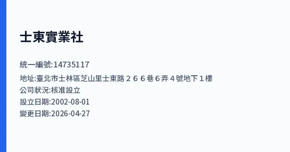士東實業社的照片-統編 14735117(臺北市) 公司登記資料與營業項目詳細圖表