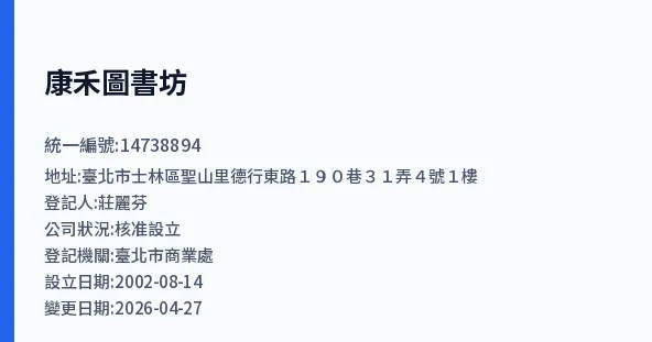 康禾圖書坊的照片-統編 14738894(臺北市) 公司登記資料與營業項目詳細圖表