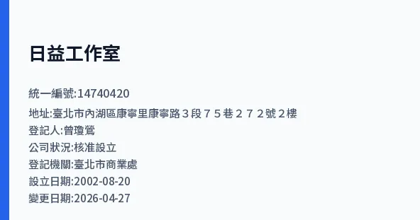日益工作室的照片-統編 14740420(臺北市) 公司登記資料與營業項目詳細圖表
