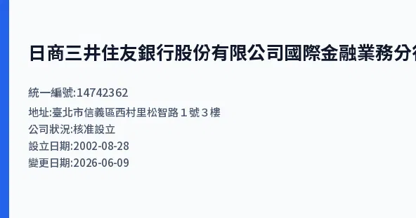 日商三井住友銀行股份有限公司國際金融業務分行的照片-統編 14742362(臺北市) 公司登記資料與營業項目詳細圖表