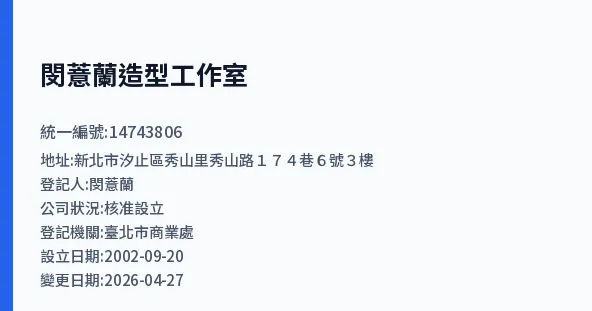 閔薏蘭造型工作室的照片-統編 14743806(新北市) 公司登記資料與營業項目詳細圖表