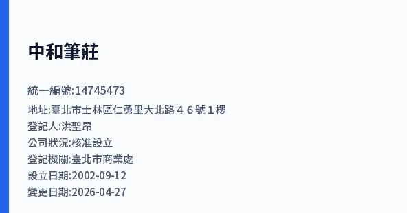 中和筆莊的照片-統編 14745473(臺北市) 公司登記資料與營業項目詳細圖表